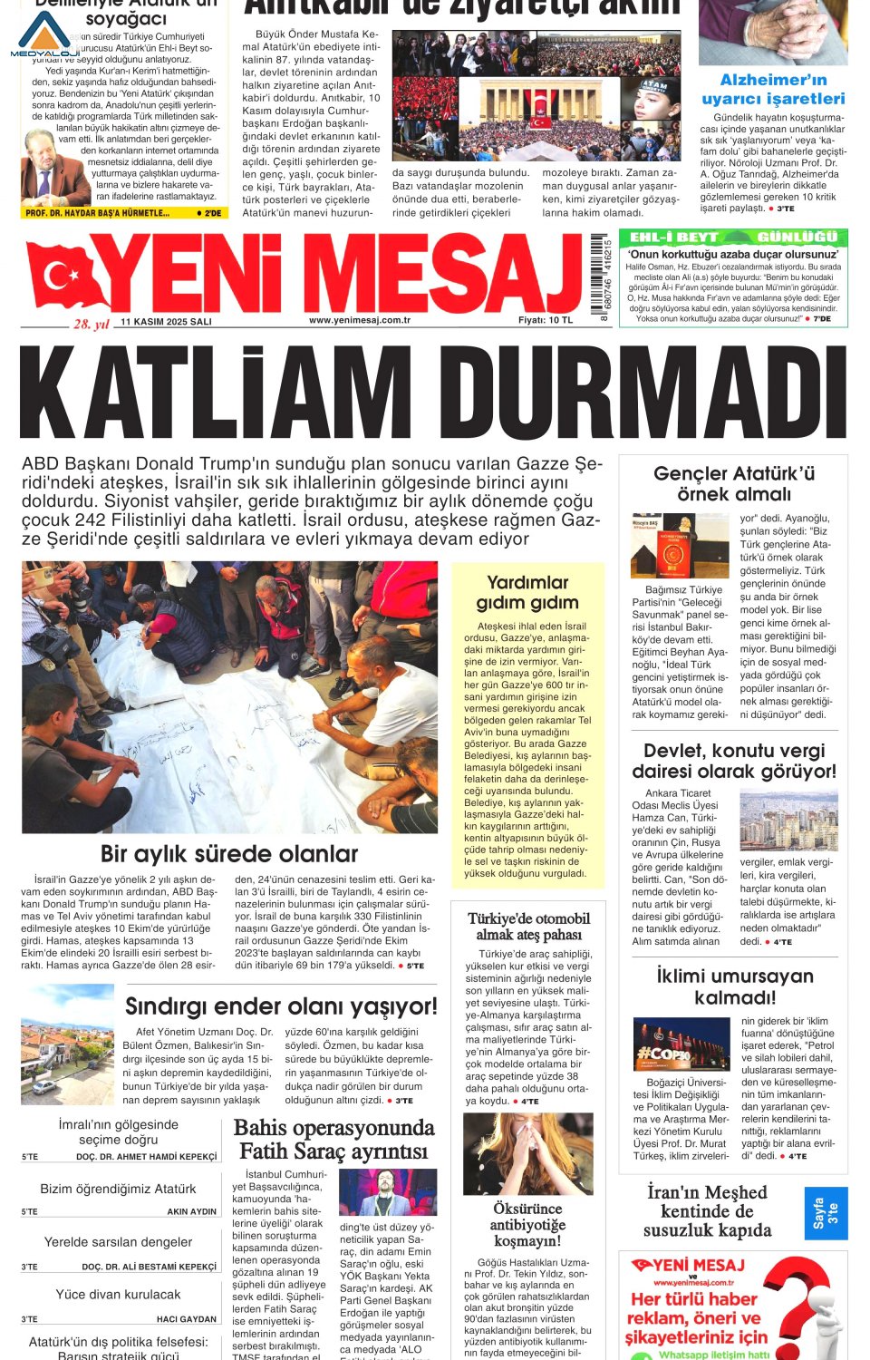 Yeni Mesaj Gazetesi 11.11.2025 tarihli manşeti